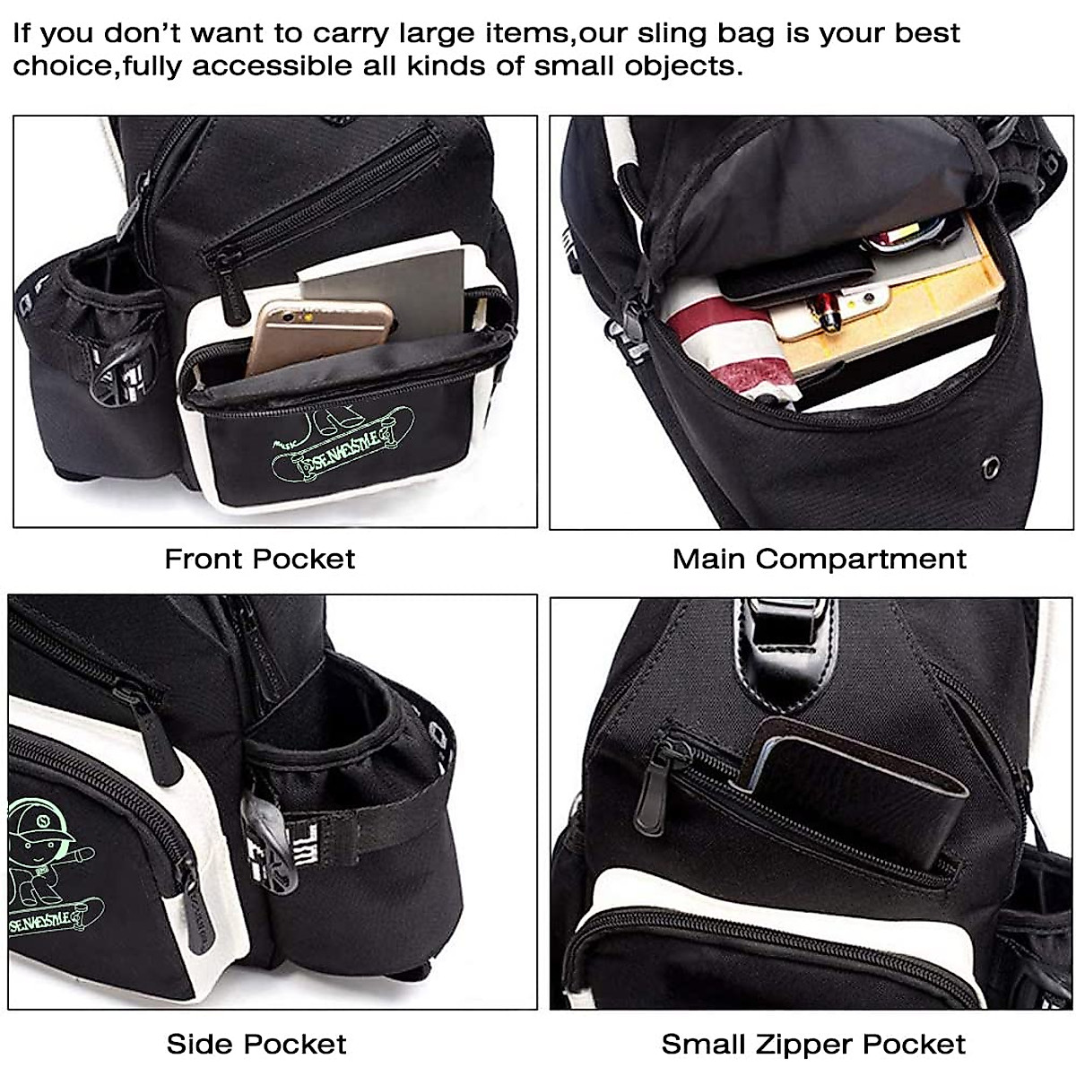 Casual Sling Bag for Women Men, Small Chest Pack for Travel Sport College School (Skateboard)