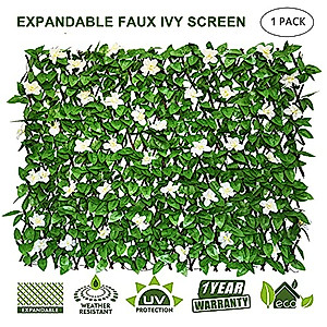 GLANT Expandable Fence Privacy Screen for Balcony Patio Outdoor,Decorative Faux Ivy Fencing Panel,Artificial Hedges (Single Sided Leaves) (1, Green-Flowers)