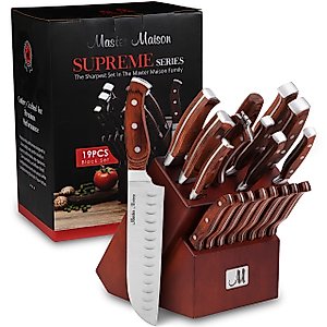 Master Maison 19-Piece Premium Kitchen Knife Set with Wooden Block and Knife Sharpener - German Stainless Steel Cutlery (Walnut)