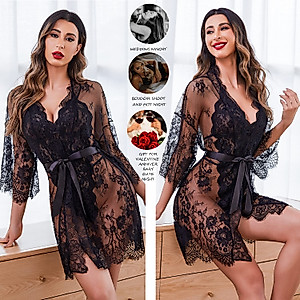 Avidlove lingerie robe Women's Lace Kimono Robe Set Babydoll Teddy Deep V Lace Bodysuit
