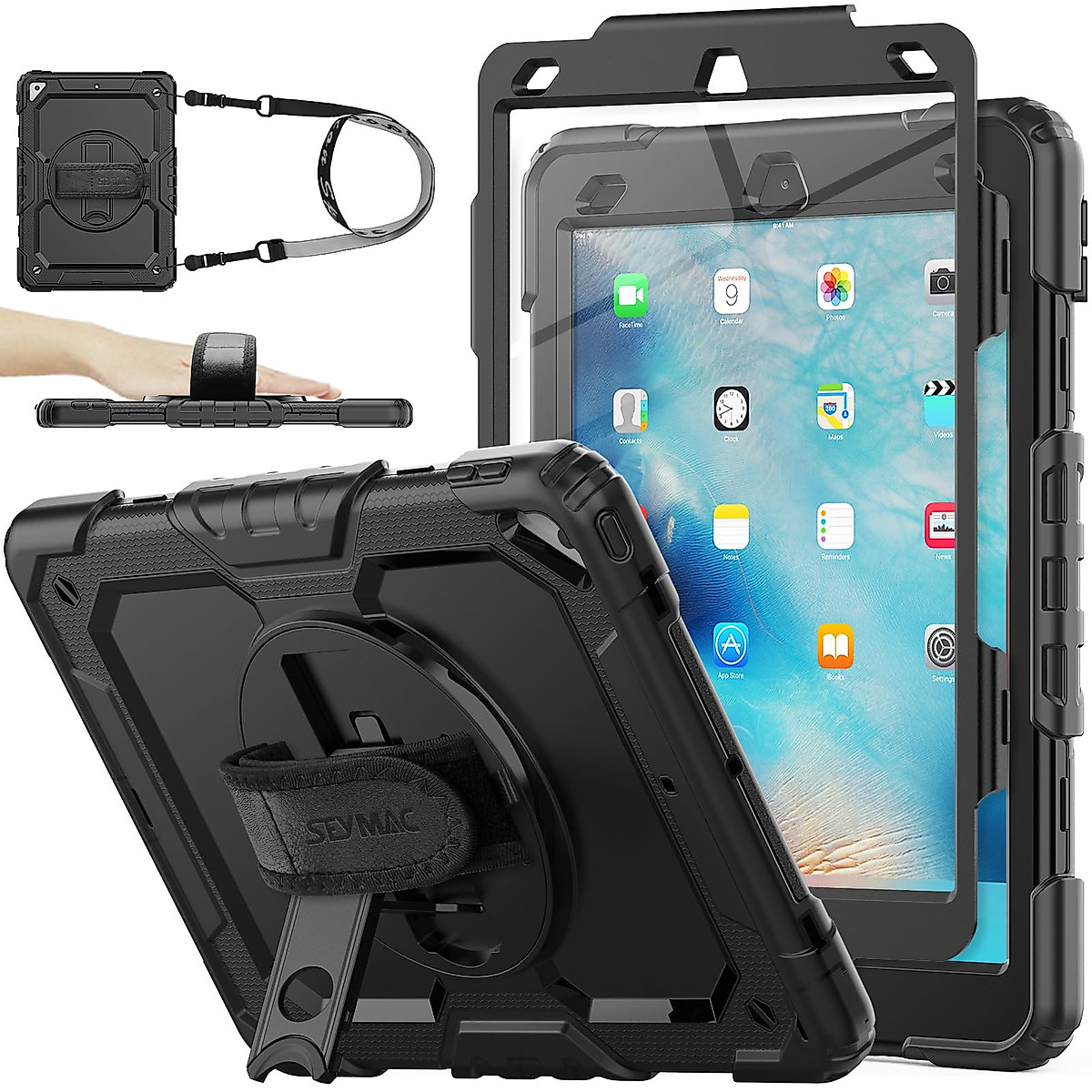 SEYMAC stock Case for iPad Air 3 2019 / Pro 10.5'' with Screen Protector Pen Holder [360° Rotate Hand Strap/Stand], Drop-Proof Case (Black)