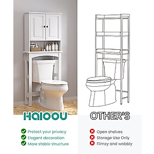 HAIOOU Over The Toilet Storage Cabinet with Motion Sensor LED Light, Double Door Bathroom Essentials Storage Organizer Space-Saving Toilet Rack with Buffering Hinges, Adjustable Shelf - Modern White