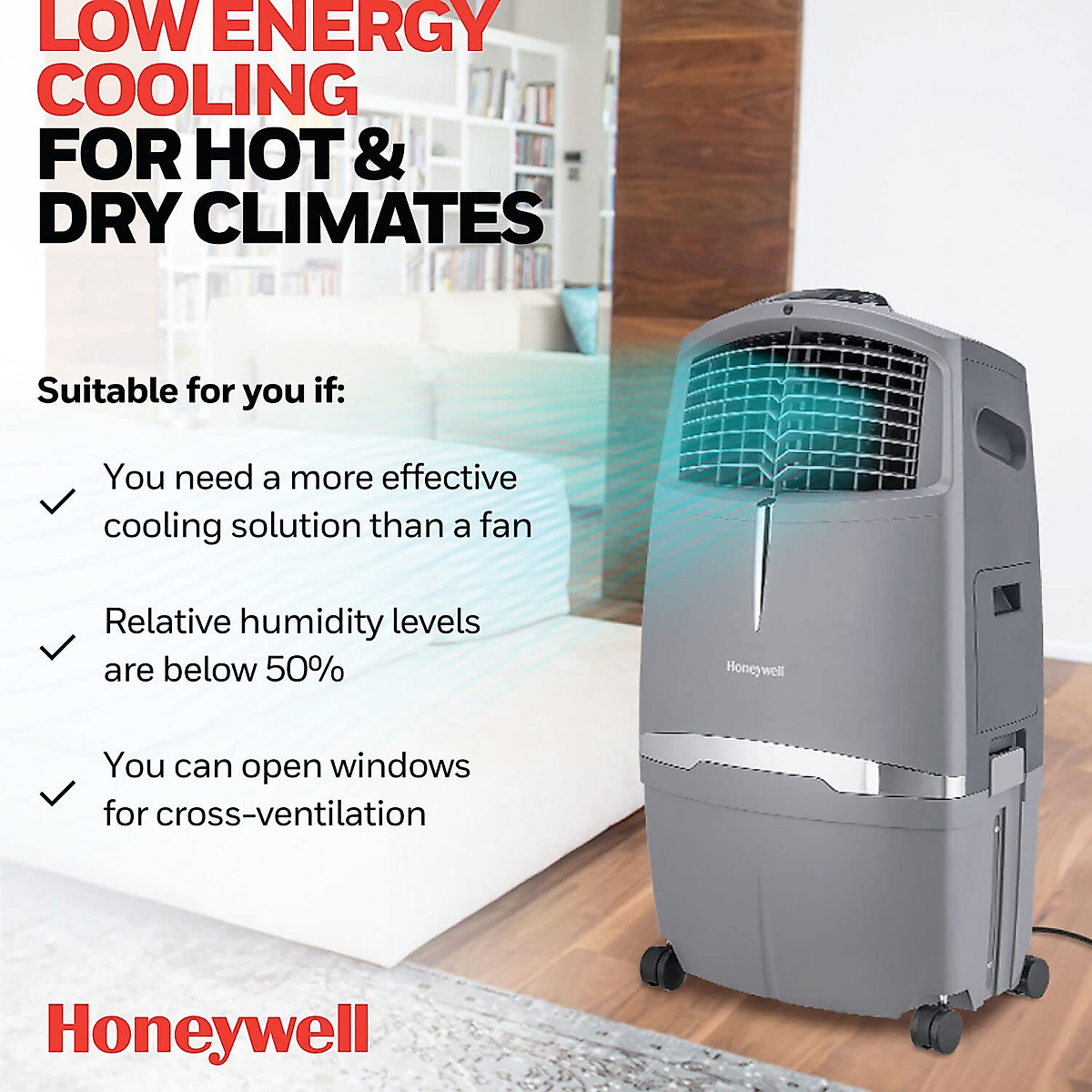 Honeywell 525 CFM Indoor Portable Evaporative Air Cooler, Fan & Humidifier with Ice Compartment & Remote, Gray