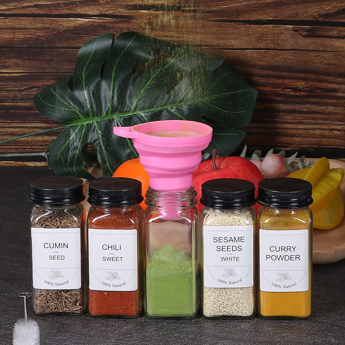 48 Pcs Glass Spice Jars with Labels and Black Lids 4oz Spice Container Set Seasoning Bottles with Blank and Printed Labels, Shaker Lids, Collapsible Funnel and Brush Included
