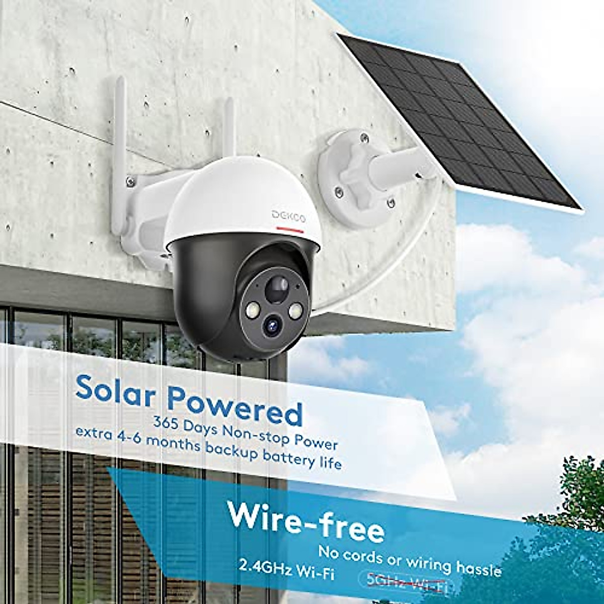 DEKCO 2K Solar Security Camera Wireless Outdoor, 360 Degree Rotating Pan Tilt Home Surveillance System with Spotlight and Sound Alarm, Night Vision, Motion Detection, 2 Way Audio, Requires 2.4GHz WiFi