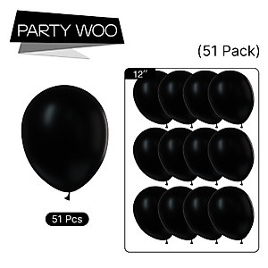 PartyWoo Black Balloons, 51 pcs 12 Inch Matte Black Balloons, Black Balloons for Balloon Garland or Balloon Arch as Party Decorations, Birthday Decorations, Retirement Party Decorations, Black-Y18