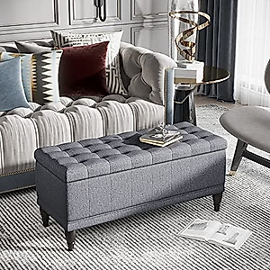 HOMCOM Storage Ottoman, Linen Fabric Button Tufted Storage Bench with Soft Close Lid for Living Room, Entryway or Bedroom, Dark Gray