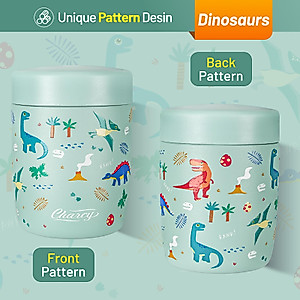 Charcy 9oz Stainless Steel Vacuum Insulated Kids Food Jar - Soup Thermo for Hot & Cold Food - Turquoise Dinosaur