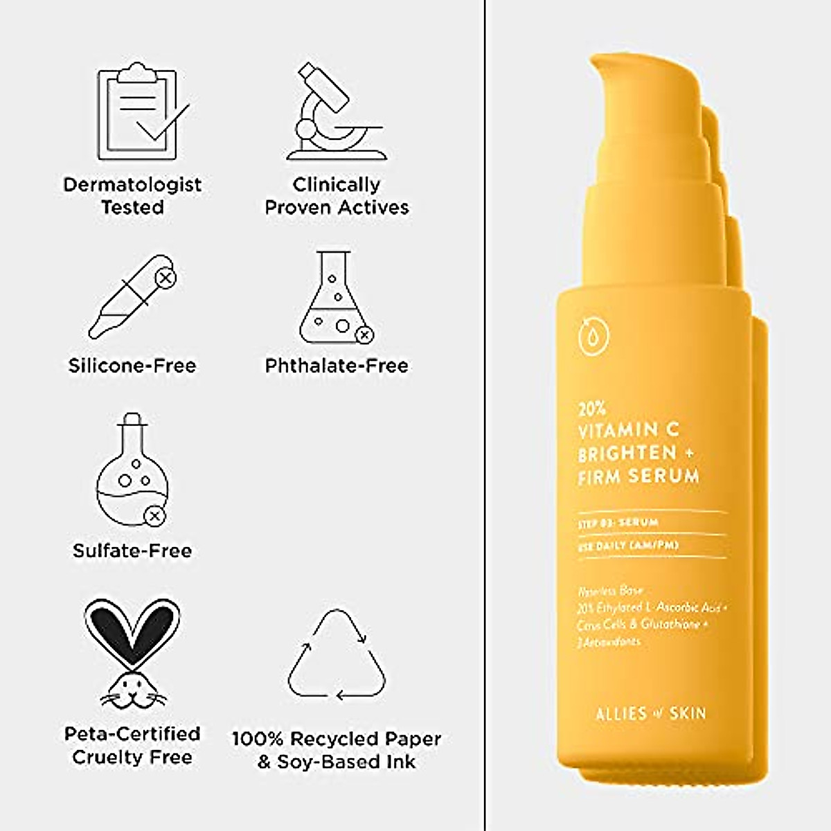 Allies of Skin 20% Vitamin C Brighten + Firm Serum: 20% Ethylated L-Ascorbic Acid + Orange Extract Complex with Glutathione. Waterless & Antioxidant. Firms & Intensely Brightens. For Smooth, Elastic Skin 1 oz / 30 ml