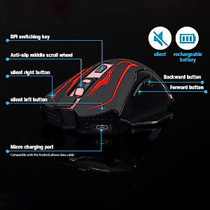 VEGCOO Wireless Gaming Mouse, Silent Click Wireless Rechargeable Mice with Colorful LED Lights & 3-Level DPI Adjustable, 6 Buttons Mouse with Side Buttons & Thumb Rest, Computer Gamer Mouse for PC