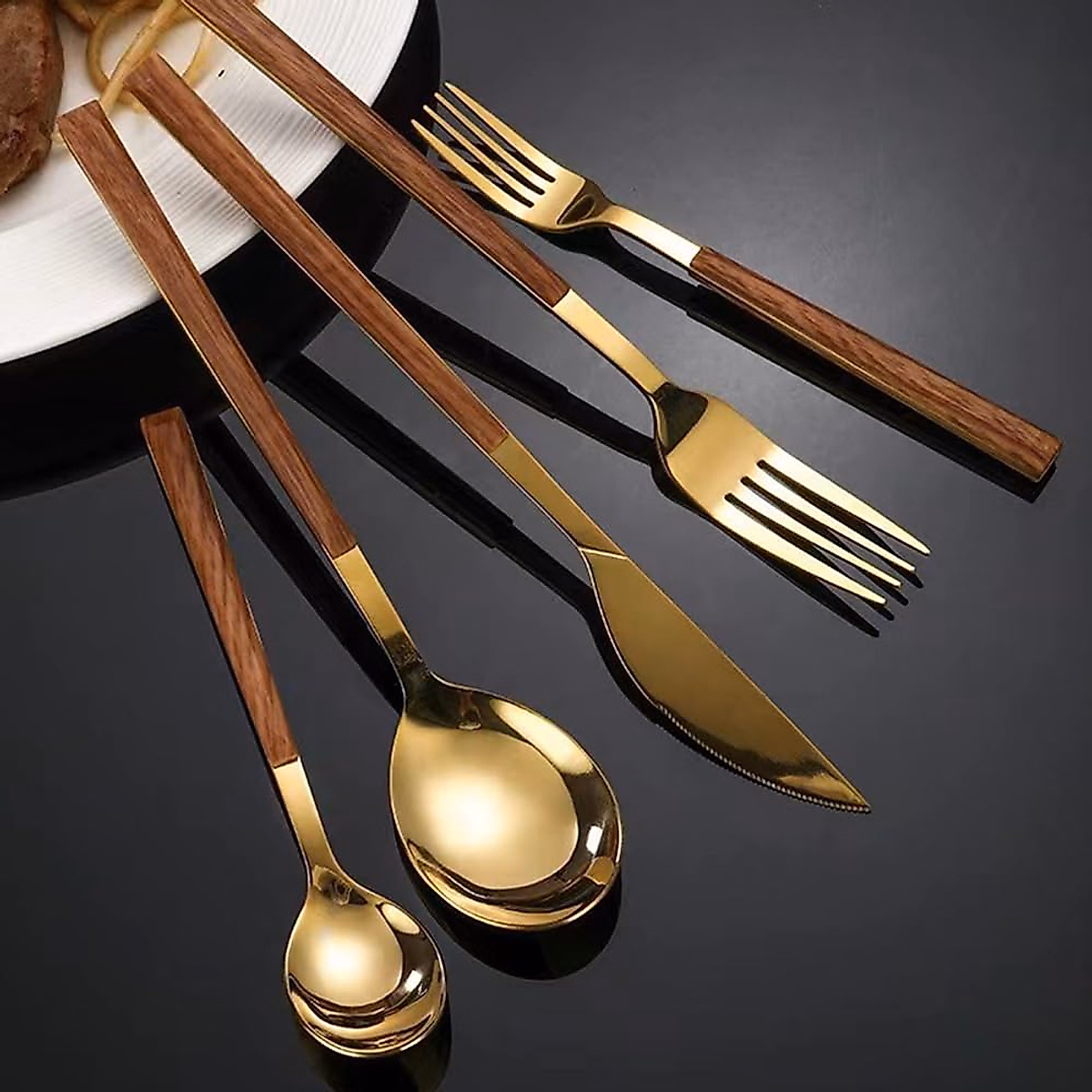 Aimilan 20 Piece Gold Silverware Set for 4, Imitation Wooden Handle Flatware Cutlery Set for Home Kitchen Restaurant, Mirror Finish, Dishwasher Safe (20-Piece for 4)