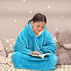 Solaris Wearable Blanket Hoodie for Kids - Warm Soft Gift, Oversized Cozy Sherpa Fleece Sweatshirt Pullover for Teens, Girls, Boys, Large Pocket, Light Blue