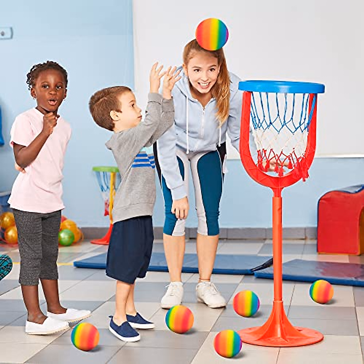 Homotte 6 Pcs Rainbow Playground Balls for Kids, 5 Inch Small Kickball Dodgeball Handball Set for Indoor & Outdoor Activities with Hand Pump