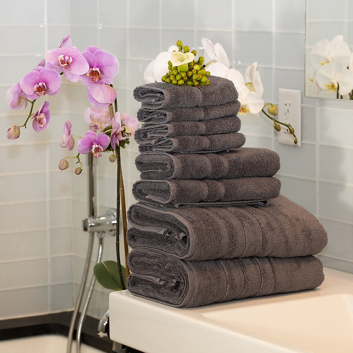 Mosobam Luxury Turkish 8pc Towel Set 30X58 16X30 13X13 Charcoal Gray (Dark Grey) 700 GSM Bamboo Viscose & Aegean Turkish Combed Cotton