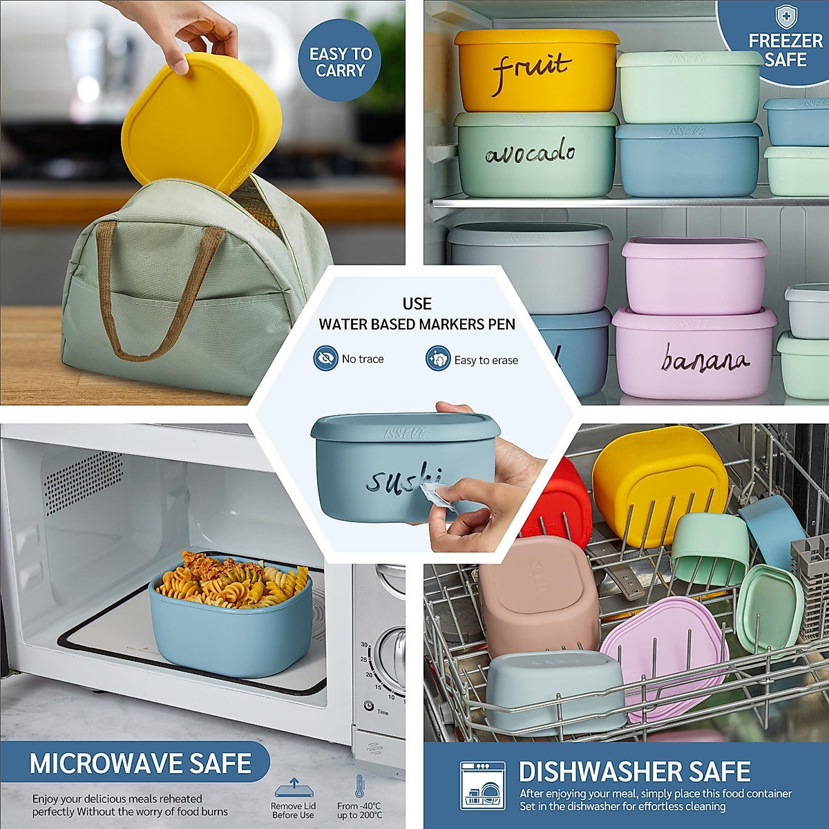 ISSEVE 12Pcs/Set Nesting Silicone Food Storage Containers with Lids, BPA Free Reusable Meal Prep Silicone Containers Airtight, Freezer Dishwasher Safe (33.8oz, 20oz, 10oz, 6.7oz, 1.3oz) (Blue)