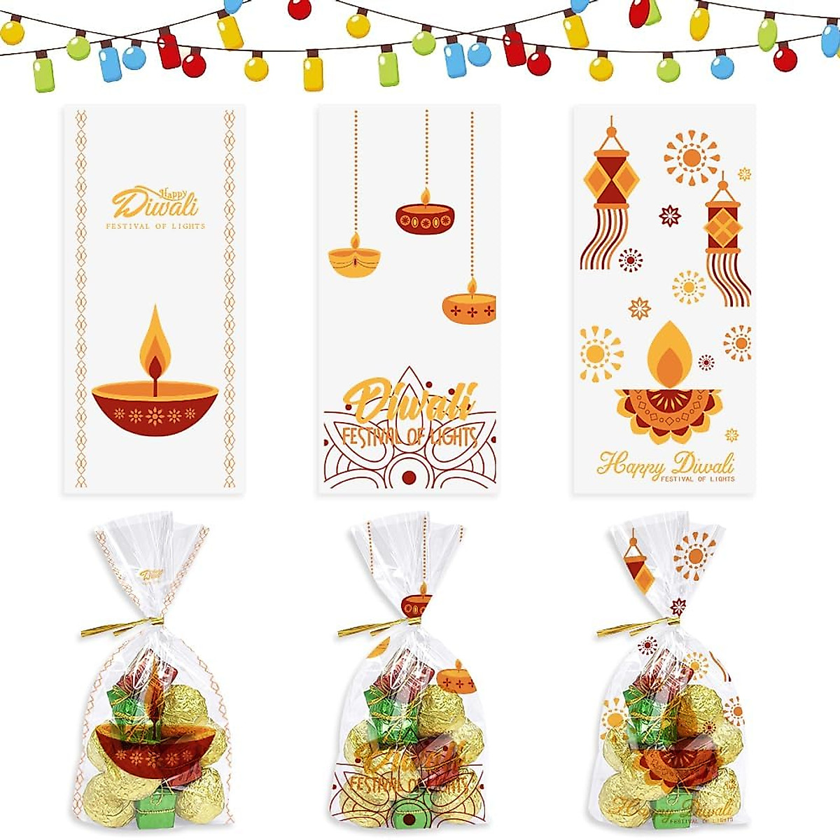 120 Pieces Diwali Cellophane Bags with Twist Ties, Deepavali Candle Cello Treat Bags Indian Holiday Candle Bag Festival of Lights Treat Bags for Cookie Candy Goodies Wrapping Supplies