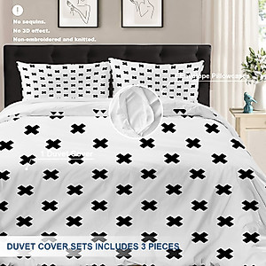 Batmerry Black White Geometric King Size 3 Pieces Bedding Comforter Cover Sets,Soft Fluffy Fashion Prints Monochrome Cross Pattern Printed Duvet Cover for All Season