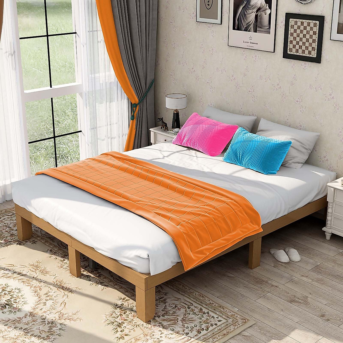 Anwick Queen Size Wood Platform Bed Frame, Classic 12 Inch High Wooden Bed with 8 Oak Legs and 6 Metal Legs,No Box Spring Needed,Easy Assembly (Queen)