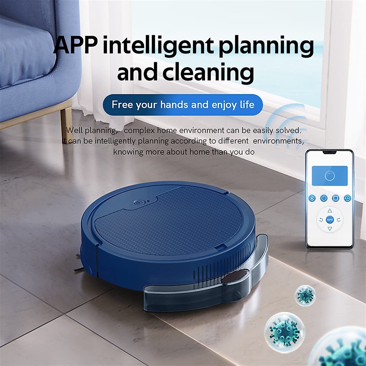 WAGNUS Robot mop Wireless Robotic Robot Vacuum Cleaner Intelligent Robotic Control Smart Home Appliance for Sweeping and Mopping (Color : Blue)