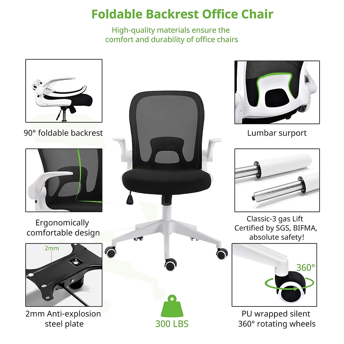 BINGTOO Ergonomic Office Chair with Lumbar Support, Foldable Mesh Backrest Computer Desk Chair for Home Office - Adjustable Height with Flip-up Arms and Wheels (Black)