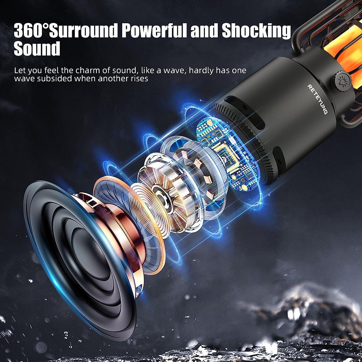 RETEYUNG Outdoor Bluetooth LED Flame Light Speaker With Wall Mount/Hook, IP65 Waterproof for Patio/Party/Camping - Portable Wireless for Men Women Fathers