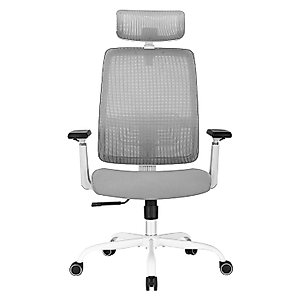 Schwake Ergonomic Office Chair - High Back Desk Chair with Adjustable Lumbar Support, Headrest & 3D Armrest - 135°Rocking Mesh Computer Chair (White & Grey)