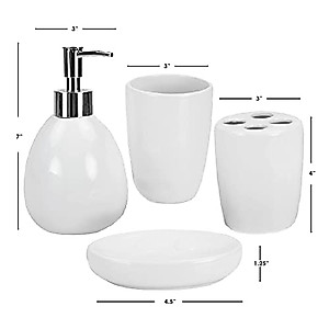 4 Piece Ceramic Bathroom Accessory Set with Soap Pump, Soap Dish, Toothbrush Holder & Tumbler, White