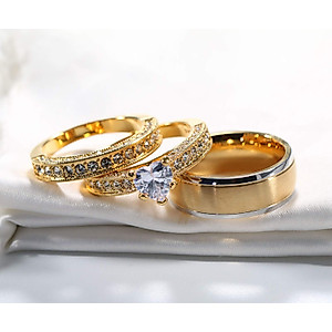 2 Rings His and Hers Couple Rings Bridal Sets Yellow Gold Plated Heart Cz Womens Wedding Ring Sets Tungsten carbide Man Wedding Bands