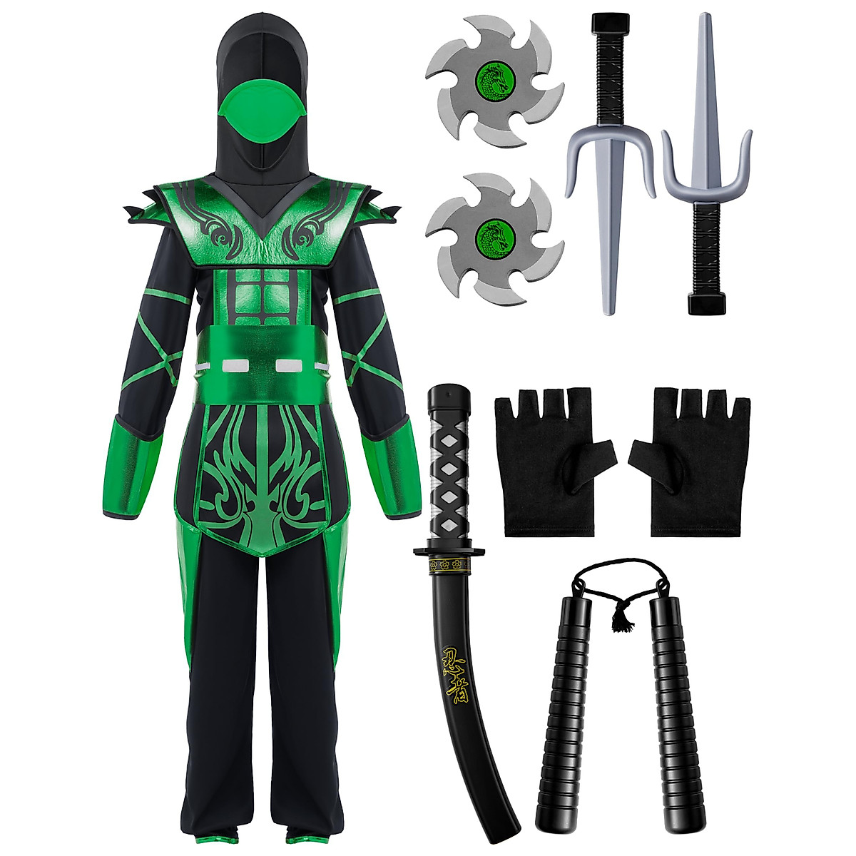 Spooktacular Creations Green Ninja Costume for Boys, Child Green Ninja Costume with Accessories for Kids Themed Parties, Halloween Dress Up Parties, M