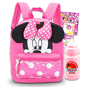 Disney Minnie Mouse Backpack for Girls Bundle ~ Deluxe 12" Mini Sequin Bag with Stickers (Minnie Mouse School Supplies)