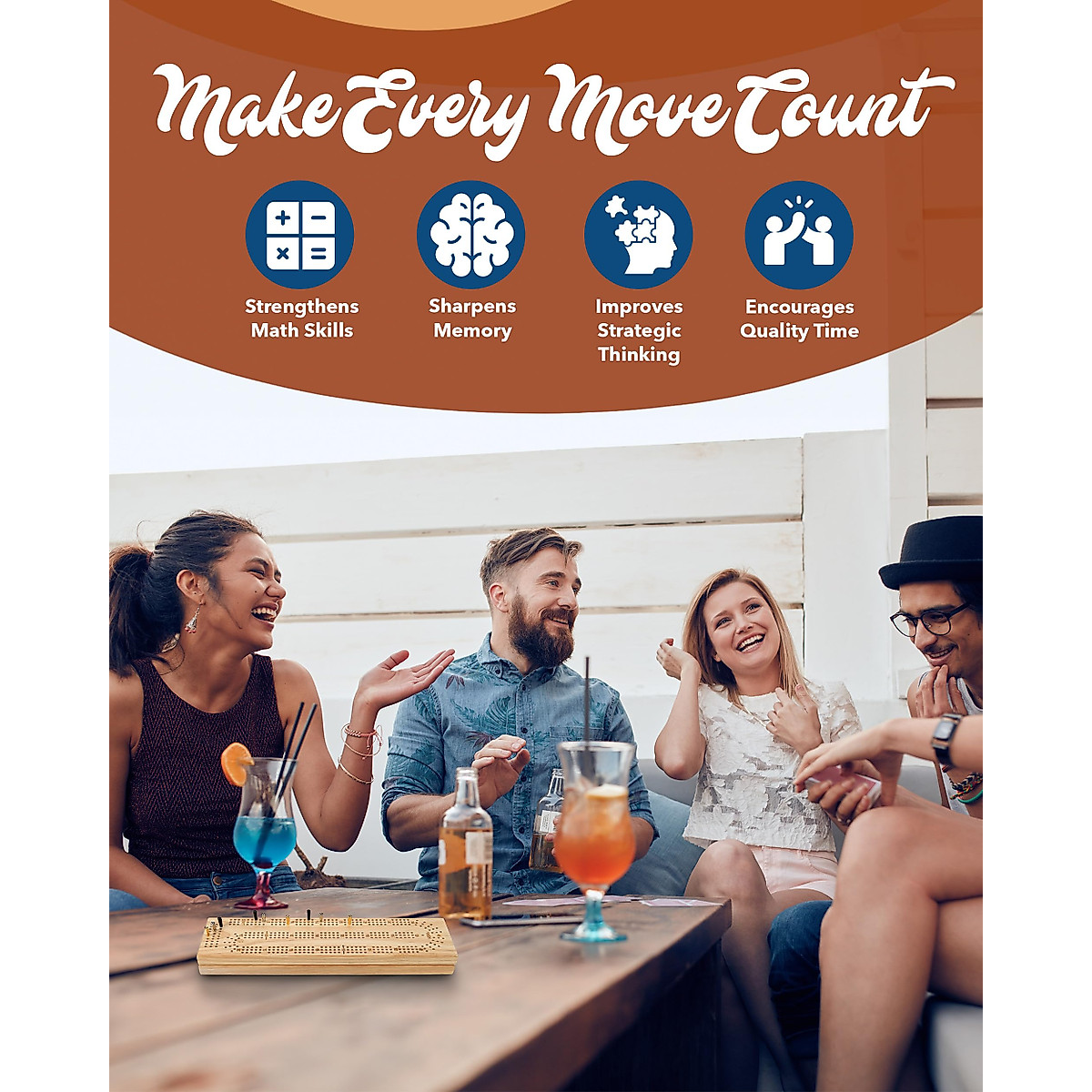 WE Games Wooden Cribbage Board Game Set, Continuous 3 Track for 2-3 Players, Travel Cribbage Board with Card Storage, Includes 9 Metal Pegs & Deck of Cards, Card Games, Classic Board Games for Adults