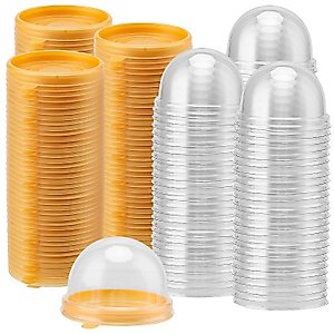 MUKLEI 200 Pack 3 Inch Plastic Mini Cake Box, Clear Cupcake Box with Dome Lids, Dome Muffin Single Container Round Plastic Cupcake Holders for Mooncakes, Cookies, Desserts, Gold Base