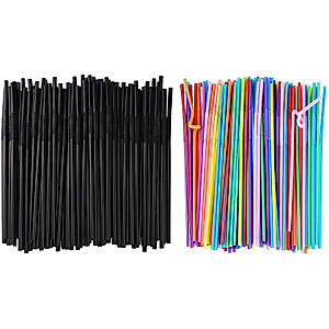 ALINK 300 PCS Flexible Plastic Drinking Straws, Black + Colored Disposable Bendy Party Fancy Straws