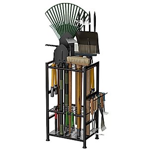 keomaisyto Garden Tool Organizer for Garage, Yard Tool Organizer for Garage Organization and Storage, Heavy Duty Garden Tool Stand with 35 Long-Handled Tool Slots and 10 Tool Hooks for Shed, Yard