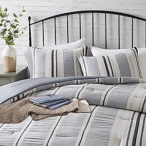 Hyde Lane Tahoe Farmhouse Bedding Set ,Blue Modern King Size Comforter,Cotton Top with Neutral Rustic Style Stripes, Boho Bedroom Bed Sets,3-Pieces Including Matching Pillow Shams(104x90 Inches)