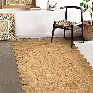 GRUHUM Scalloped Jute Area Rug 4&#039;x6&#039; ft Natural Fibre Rectangular Handwoven Boho Reversible Farmhouse Soft Braided Rustic Vintage Rug Indoor Outdoor Livingroom Bedroom Kitchen Hallways Enterways