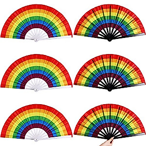 Geetery 6 Pcs Large Rainbow Folding Hand Gay Fan LGBT Fans Festival Pride Rainbow Fans for Women Men Rainbow Dance Party, Music Festival, Dance Club Event Supplies (Black, White)