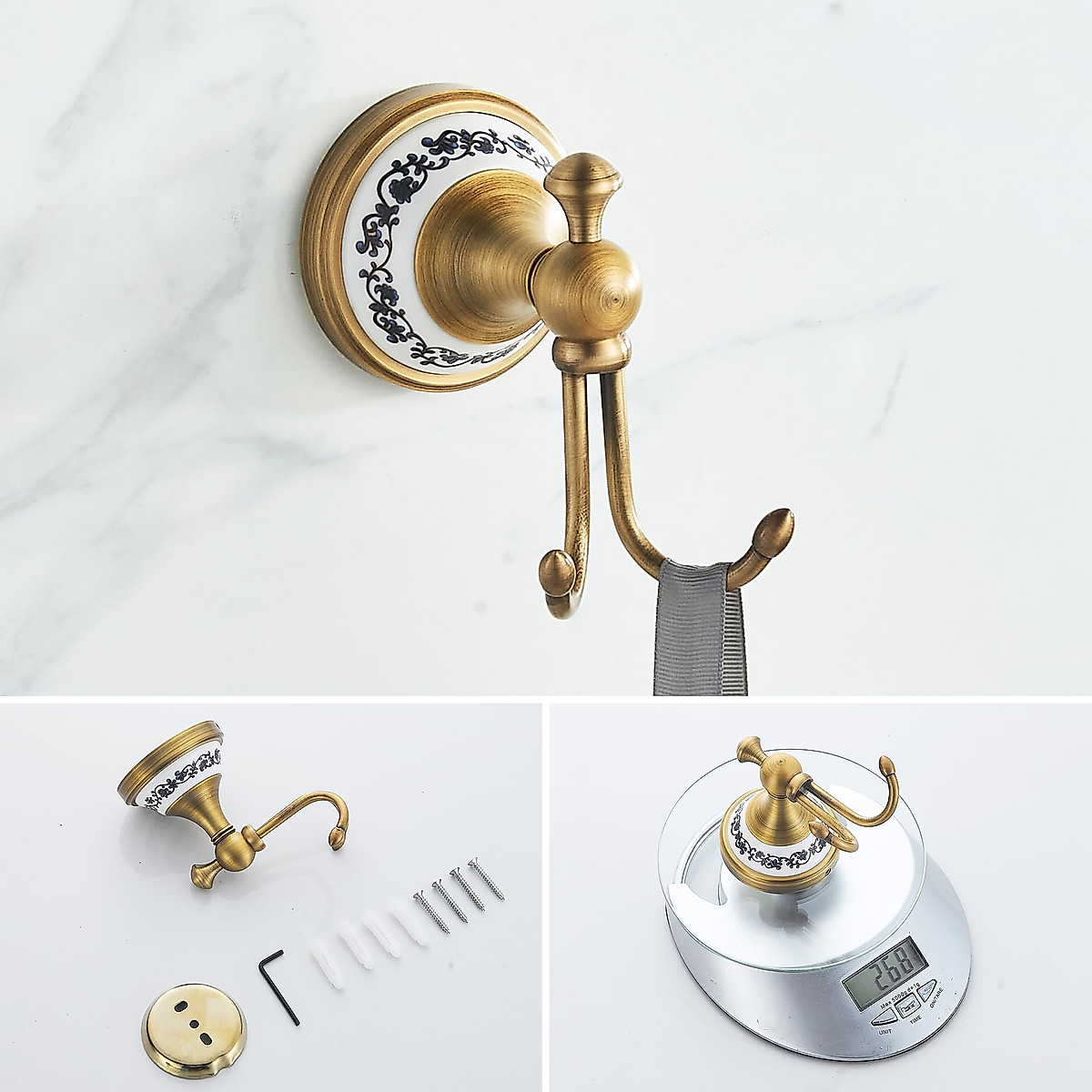 PEONYBATH Antique Bronze Brass Bath Towel Hooks, Wall Mounted Bathroom Hardware Accessories,Porcelain Design