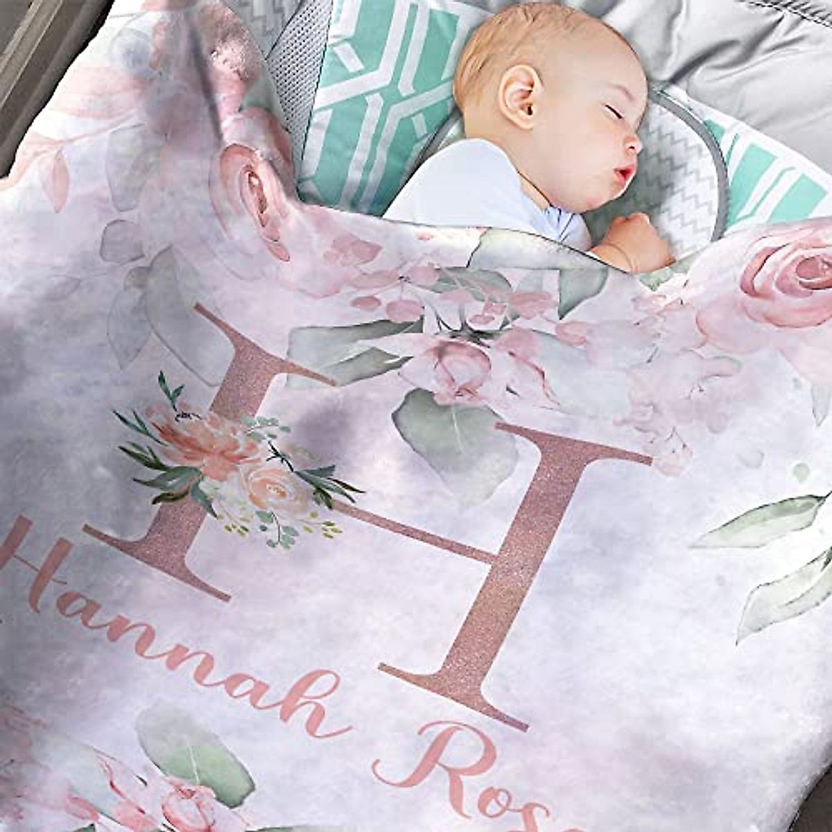 Personalized Baby Blanket for Girls with Name, Soft Micro Fleece Baby Blanket with Flowers, Baby Blanket Keeps Warm for Newborn, Infant, Floral