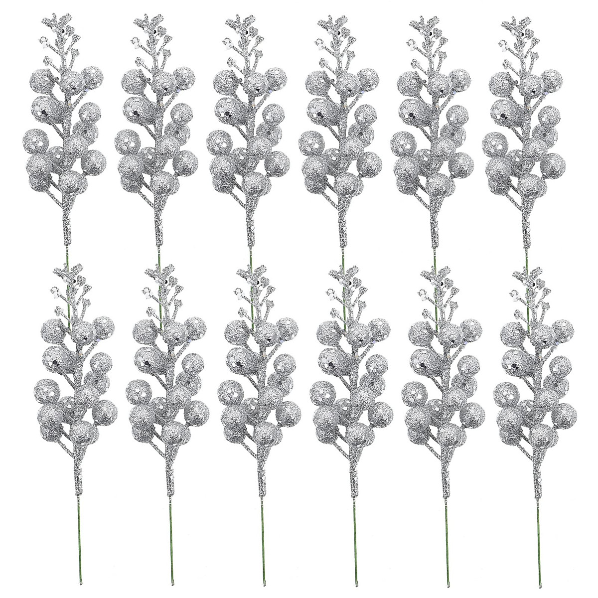 Toyvian 12Pcs Christmas Glitter Berries Stems, 7Inch Silver Artificial Berry Christmas Picks, Holly Berry Twig for Christmas Tree Decoration DIY Wreath Accessories Winter Holiday Decoration