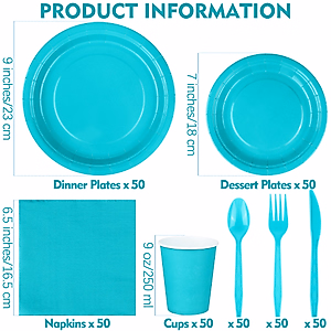 durony 350 Pieces Teal Blue Party Supplies Teal Blue Dinnerware Set Paper Plates Cup Napkins Serve 50 Guests for Birthday Wedding Baby Shower Party Family Picnic