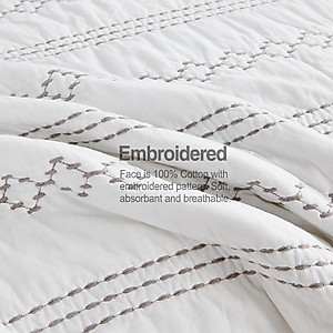 Querencia Cotton Quilt King Size - Embroidered Light Weight Quilt for Summer, Striped Quilt Cotton Coverlet, Quilted Comforter Set Gray Bedspread Farmhouse Bedding Cali, 3 Piece (Opal Grey & White)