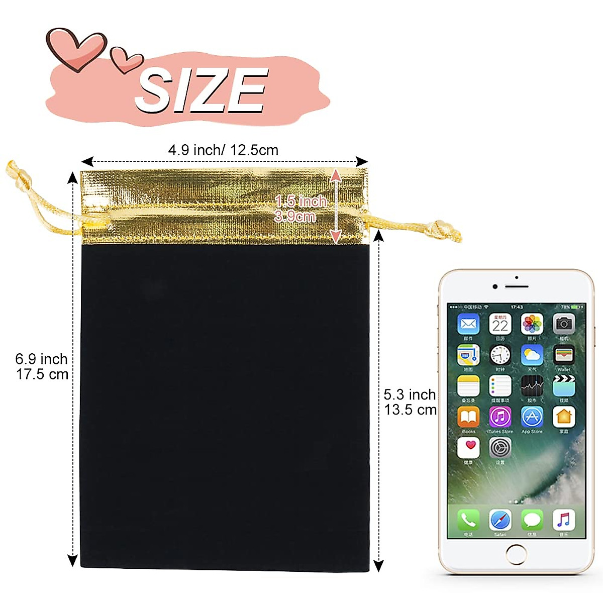 HRX Package 10pcs Velvet Bags with Drawstrings 5x7 inch, Black Gold Cloth Gift Pouches Baggies Sacks for Jewelry Dice Party Favor