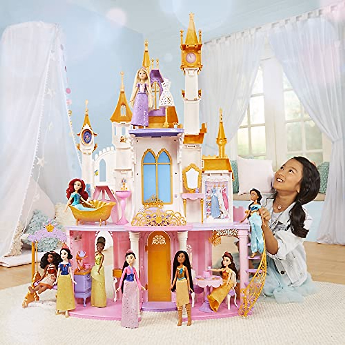 Disney Princess Ultimate Celebration Castle, 4 Feet Tall Doll House with Furniture and Accessories, Musical Fireworks Light Show, Toy for Girls 3 and Up