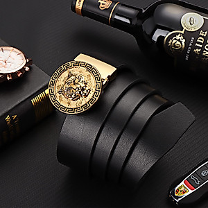 JEKIXHUA Men's Luxury Gold Tiger Buckle Cowhide Leather Dress Belt fit 44" Adjustable (Tiger 1, 22" - 42" Waist Adjustable)