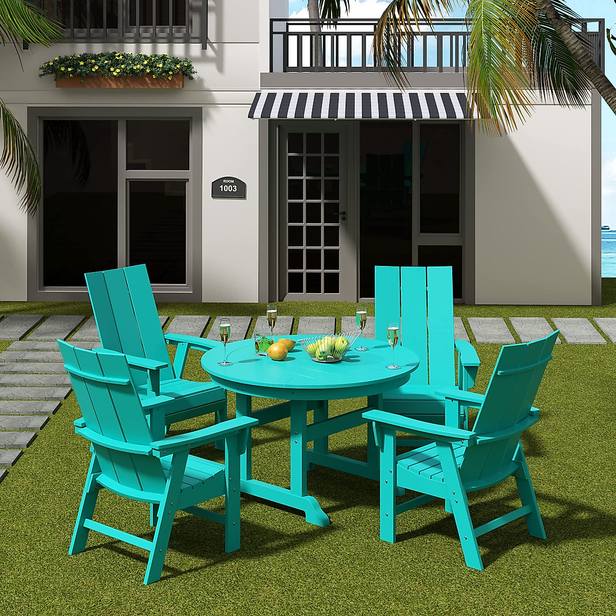 WO Outdoor Adirondack Dining Chair Round Table 5 PCS Set Retro Aesthetic Curveback for Outside Restaurant Dining, Resort, Hotel, Home, Balcony, Terrace, Lawn, Pool, Deck, Garden (Turquoise)