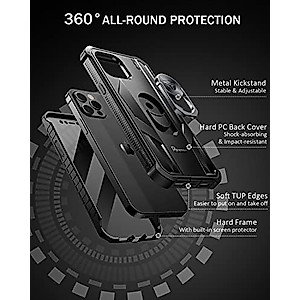 Dexnor Rugged Full Body Case for iPhone 12/12 Pro (6.1 inches) with Screen Protector & Ring Kickstand Car Mount, Slim Shockproof Protective Bumper Cover with Anti Dust Plugs (Black)