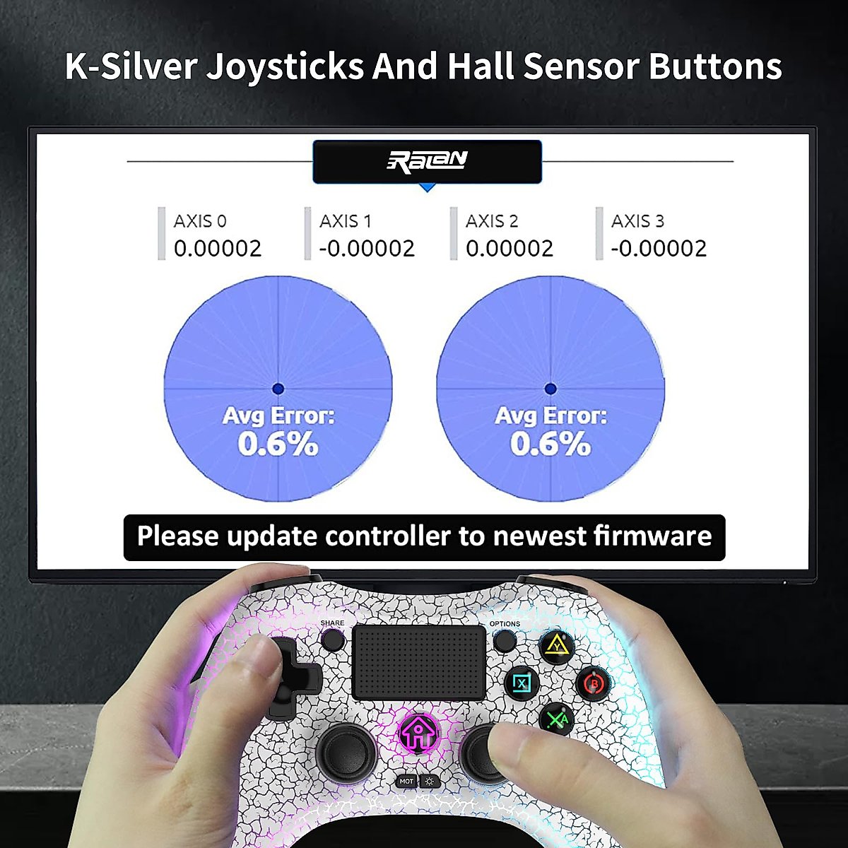 RALAN Wireless Controller with 8 Color Adjustable LED Lighting Compatible with PS4 Pro/Slim/for PS4 Controller Dualshock 4, with Headphone Jack for FPS Game （White）