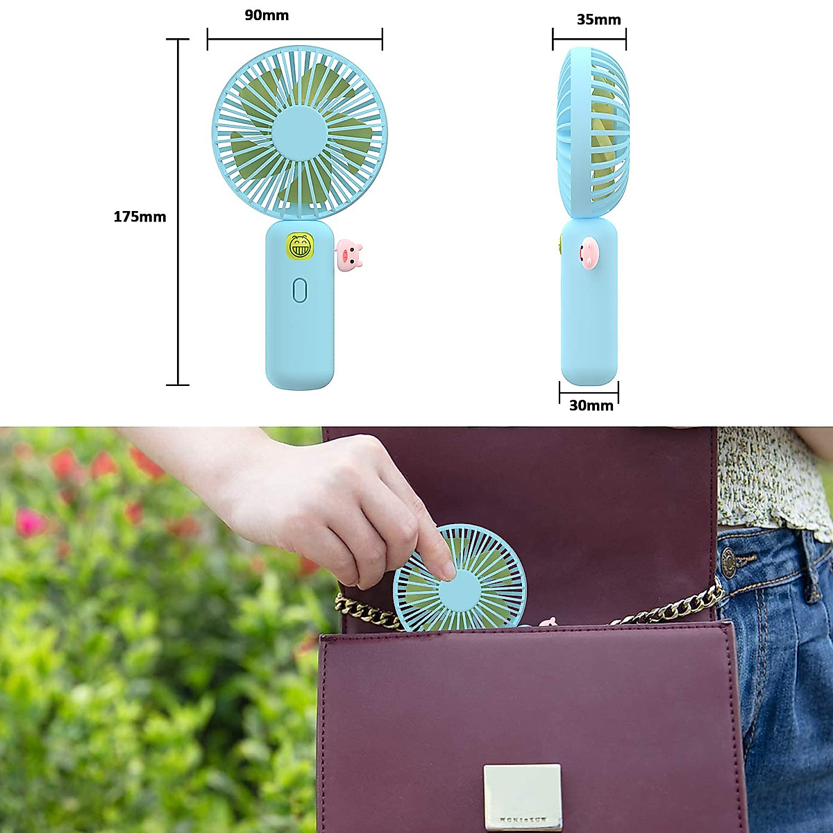 Flyalcon portable fan, handheld mini fan rechargeable, 3 adjustable speed portable mister for outdoors, Personal fan of exquisite fashion for travel, outdoor hiking (blue)