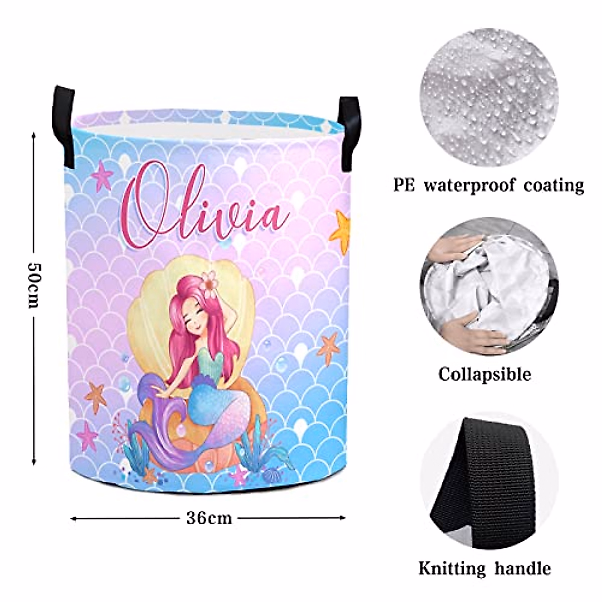 Custom Mermaid Laundry Basket Personalized Girls Laundry Basket with Name Customized Laundry Hamper for Girl Kids Baby (Style 06)